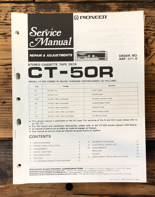 PIONEER CT-7R CASSETTE Service Manual *Original* £20.56 - PicClick UK