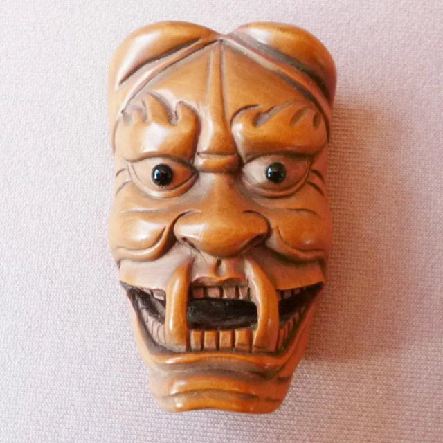 NETSUKE NOH MASK Oni Hannya wood carving 2 inch Ojime Inro Japanese £98 ...