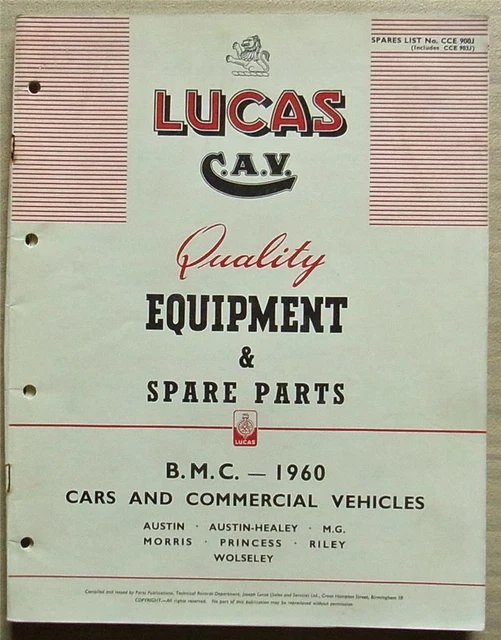 LUCAS BMC AUSTIN HEALEY Morris MG Riley WOLSELEY 1960 liste de pièces ...