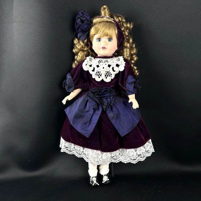 BRASS KEY PORCELAIN Doll Blue Eyes Blonde Ringlets Hair Purple Velvet ...