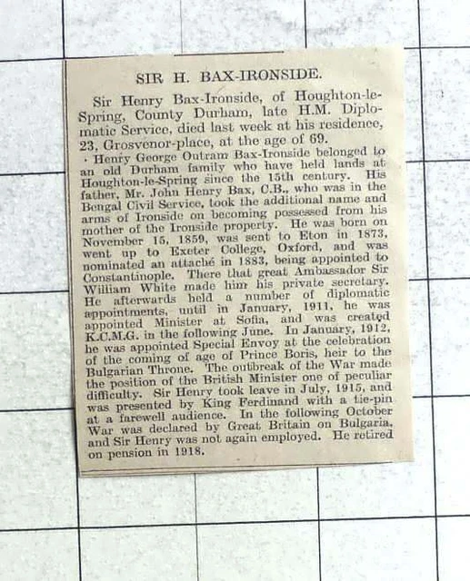 1929 OBITUARY OF Sir Henry Bax Ironside Of Houghton-le-Spring £5.00 ...