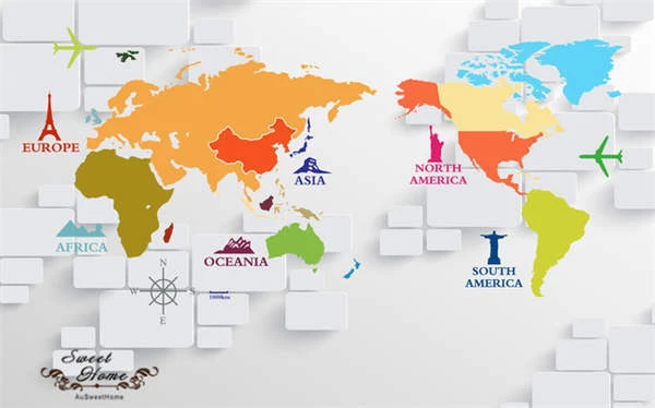 3D COLORFUL WORLD Map Planes Wallpaper Full Wall Mural Photo Printed ...