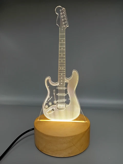 GUITAR NIGHTLIGHT 3D perspex guitar in wooden base holder 9" USB Lead ...