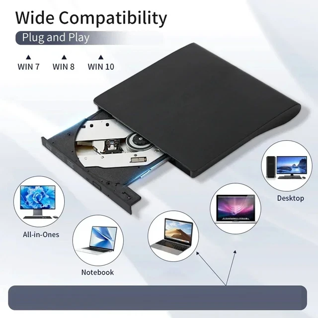 2-IN-1 SLIM EXTERNAL Burner Portable Drive Writer Reader for PC Laptop ...