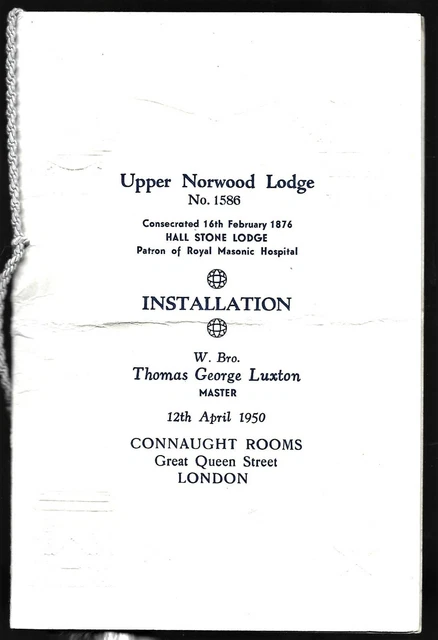 UPPER NORWOOD MASONIC Lodge Menu Installation Brother Luxton London ...
