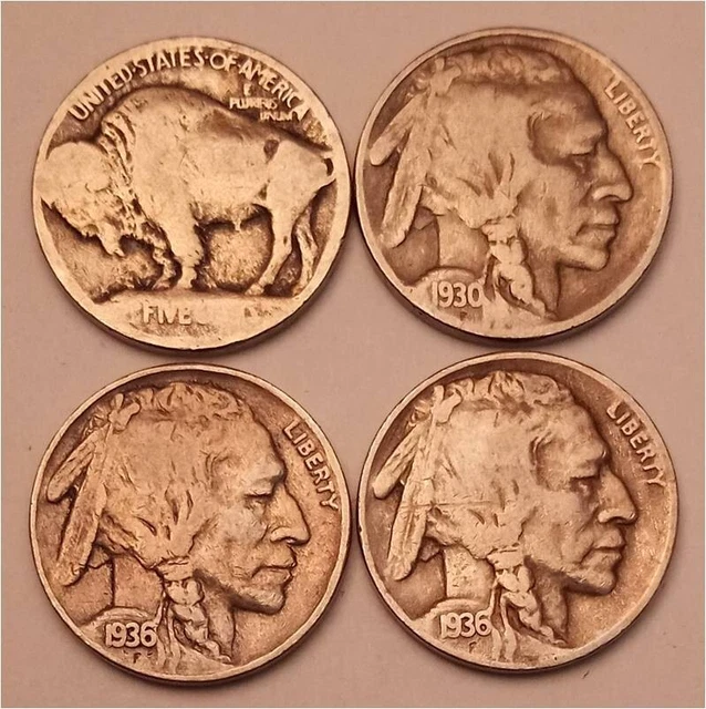 4 BUFFALO /INDIAN Head Nickels - (1913P Type 1, 1930P, 1936P, & 1936D ...