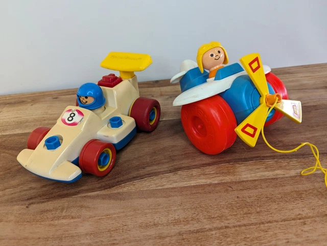 VINTAGE FISHER PRICE Pull Along Plane & Friction Racing Car 1970s 1980s ...