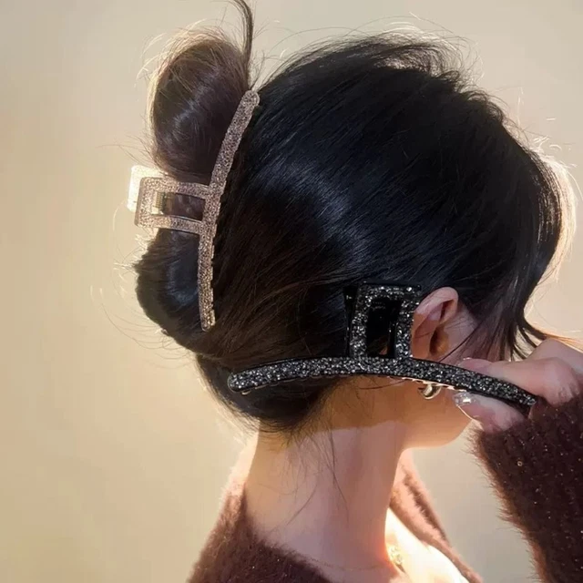 WOMEN HAIR CLAW Shiny Acrylic Barrette Korean Shark Clip Rhinestone ...