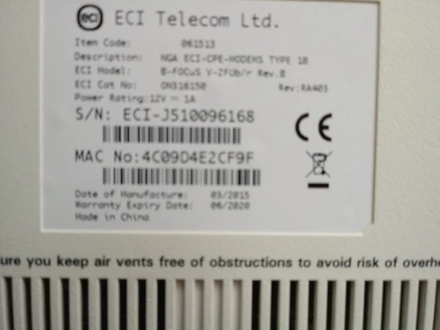 BT OPENREACH FIBRE VDSL2 Modem - ECI Telecom - B-Focus V-2FUB/r Rev B ...