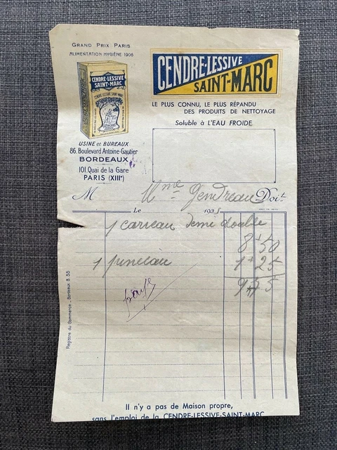 ANCIENNE FACTURE LESSIVE Saint Marc Bordeaux - 1935 EUR 16,00 - PicClick FR