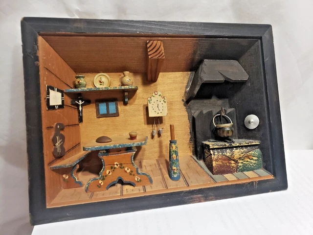 VINTAGE WOODEN 3D Diorama Kitchen Shadow Box Picture Italy 8" x 6" $18. ...