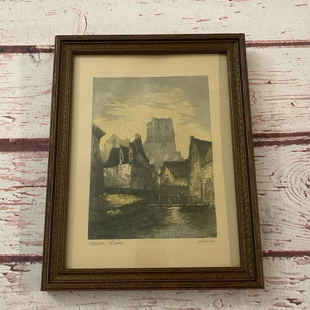 RIVER SCENE WM Stevens Etching Reproduction Old World Sketch Rustic ...