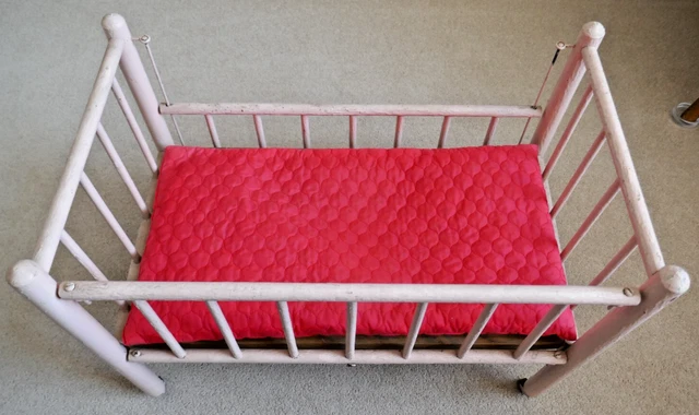 1950'S TRIANG TOYS Dropside Doll's Wooden Cot, castor feet, wire mesh ...
