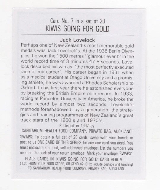 SANITARIUM NZ CARD. Olympians #07 Athletics. Jack Lovelock Running $4. ...