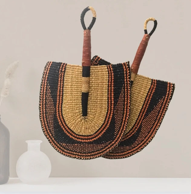 TWO AFRICAN ARTISAN Hand Weaved Hand Fans Seagrass Leather Handles ...
