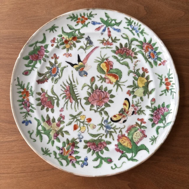 ANTIQUE CELADON FAMILLE Rose Plate, Birds, Butterflies And Flowers ...