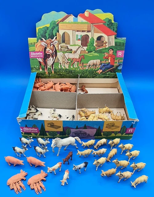 RARE! 1960/70S ELASTOLIN farm animals shop counter display box with 77 ...