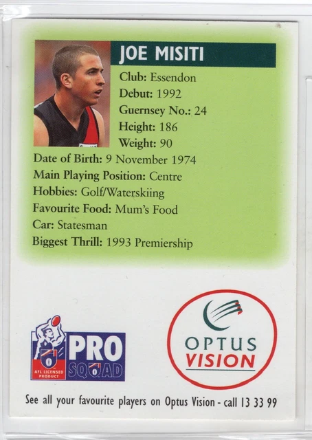AFL OPTUS VISION 1996 Joe Misiti Essendon $9.99 - PicClick AU
