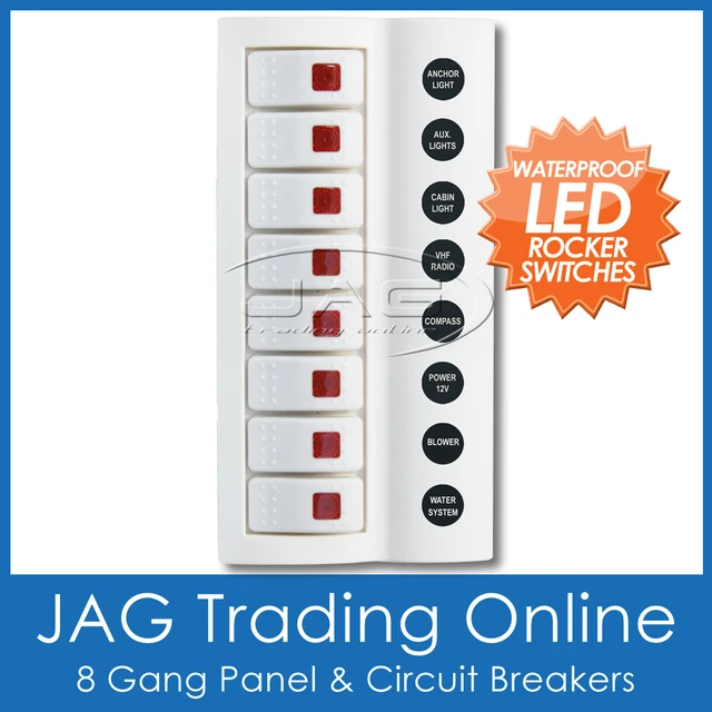 8 GANG WHITE Deluxe Led Rocker Switch Panel & Circuit Breakers - Boat ...