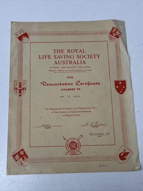 VINTAGE CERTIFICATE ROYAL Life Saving Society Australia 1963 Swimming ...