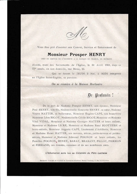 FAIRE-PART DE DÉCÈS 1901 M. PROSPER HENRY CHEF SERVICE BANQUE DE FRANCE PARIS EUR 22,00 ...
