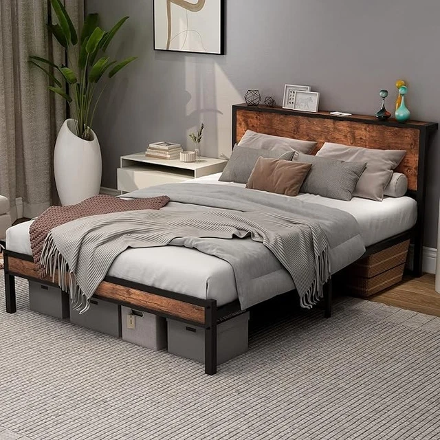 DOUBLE BED FRAME with Wooden Storage Shelf Headboard, Metal Platform ...