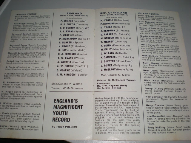 ENGLAND V IRELAND,28TH FEB 1968,@ PORTSMOUTH, EUROPEAN YOUTH TOURNAMENT ...