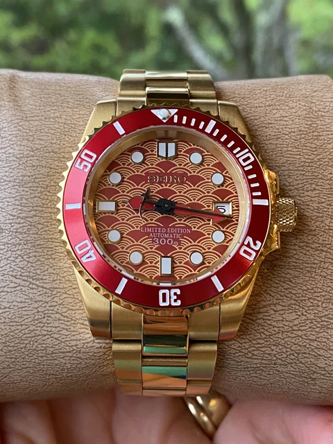 SEIKO MOD MODDED submariner red bezel gold automatic mens watch $290.00 ...