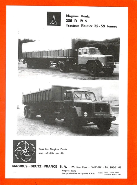 MAGIRUS-DEUTZ / TRACTEUR 230 D 19 S / FICHE TECHNIQUE de 1971 EUR 7,90 ...