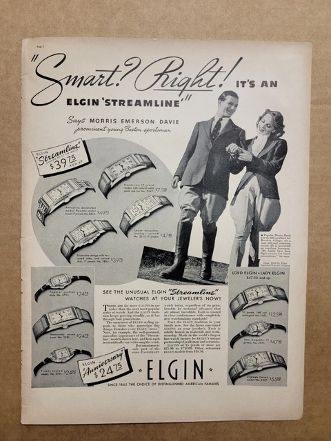 VINTAGE 1939 ELGIN Watch Streamline Smart Right Print Ad Advertisement ...