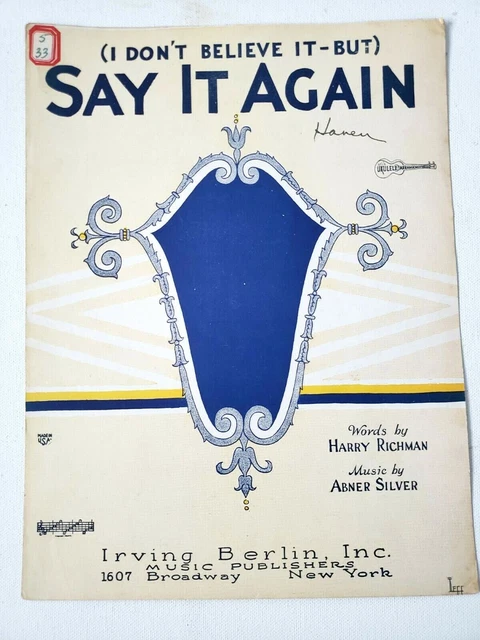 VINTAGE ANTIQUE SHEET Music SAY IT AGAIN 1926 $8.88 - PicClick CA