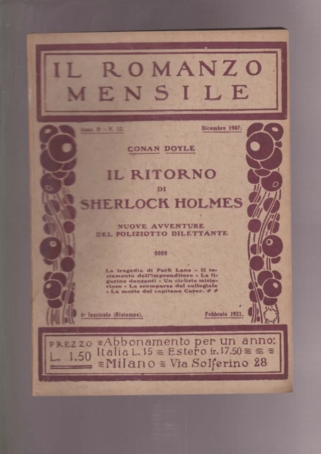 CONAN DOYLE IL RITORNO DI SHERLOCK HOLMES 1921 n.12 6o fascicolo EUR 45 ...
