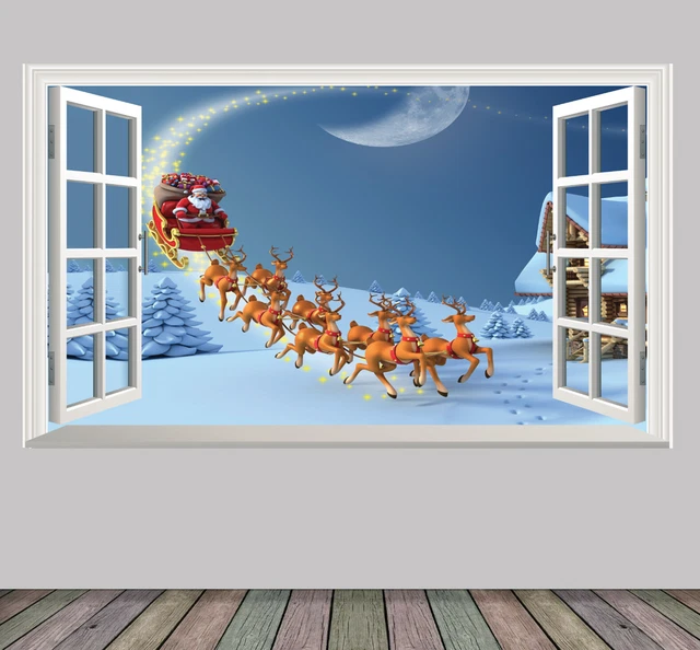 CHRISTMAS SCENE SANTA Sleigh Reindeer Magic Window Sticker Print Poster ...