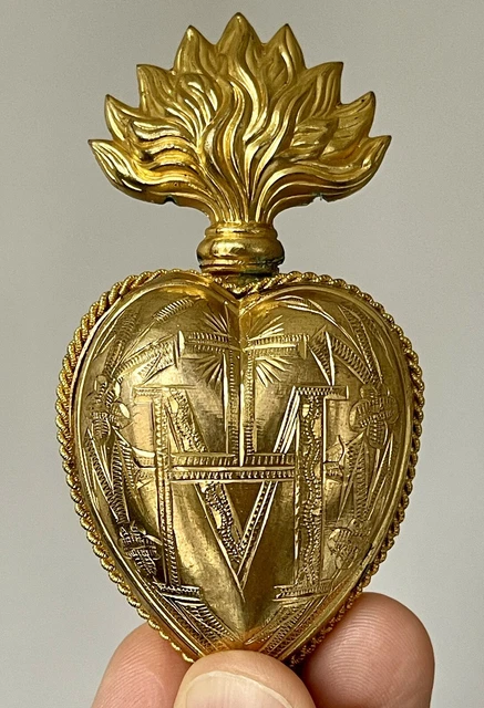 ANCIEN RELIQUAIRE EX voto sacré coeur de Marie laiton XIX reliquary ...