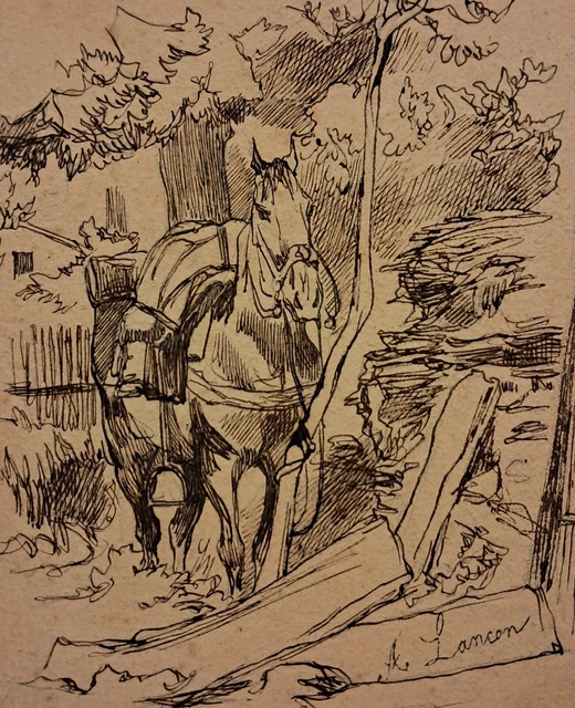 DESSIN ORIGINAL ANCIEN Auguste Lançon cheval guerre de 1870 bataille de ...