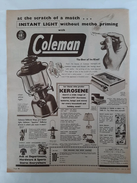 VINTAGE AUSTRALIAN ADVERTISING 1954 ad COLEMAN INSTANT-LITE LANTERN LAMPS $18.95 - PicClick AU