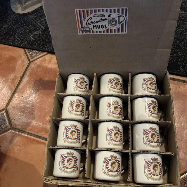 12 ANTIQUE ENAMEL Queen Elizabeth II Coronation 1953 Cups Boxed By ...