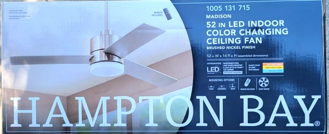 HAMPTON BAY MADISON 52 in. Integrated LED Brushed Nickel Ceiling Fan ...