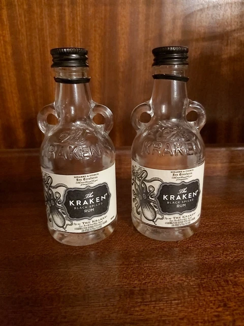 TWO EMPTY KRAKEN Black Spiced Rum Minature Bottles 2 Optic Home Bar Pub ...
