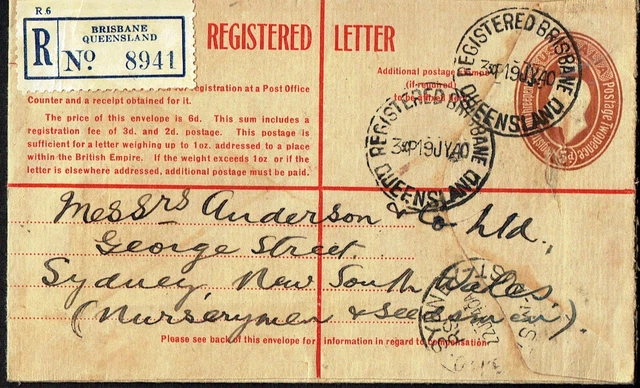 AUSTRALIA.1940.KGV.5D. REGISTERED LETTER USED.BACKED STAMPED.AS IS SEE ...