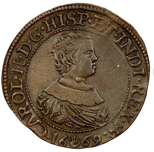 CHARLES II KING Spain 1669 coin Spanish Empire colonial era cob Belgium ...