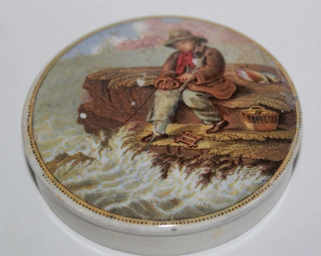 ANTIQUE PRATTWARE POT Lid Small Size Fishing At Sea - Sitting On Rocks ...