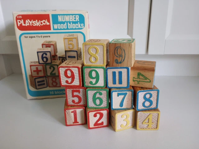 VINTAGE 1970S PLAYSKOOL Iconic Wooden Number Blocks Set of 16 Original ...