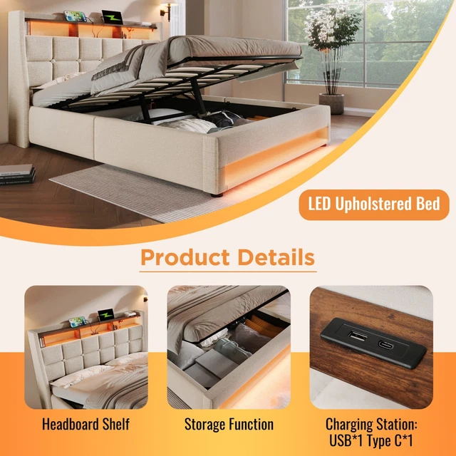 OTTOMAN BED FRAME 6ft Super King with Storage, LED Lighting, USB ...