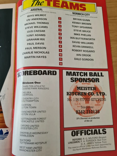 ARSENAL VS NORWICH City Division 1 Official Matchday Programme 1986/ ...