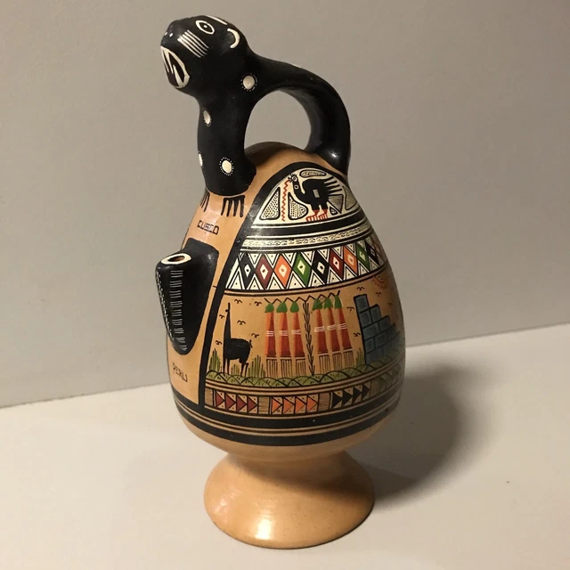 VINTAGE CUSCO PERU Art Pottery Chicha Jaguar Llamas Snake Jug Pitcher ...