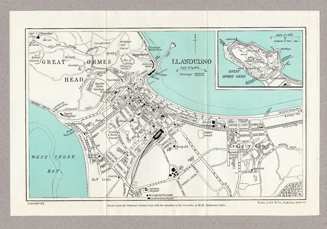 1951 VINTAGE FOLDING Map Llandudno Wales Ward Lock & Co Ltd 10" x 6.75 ...