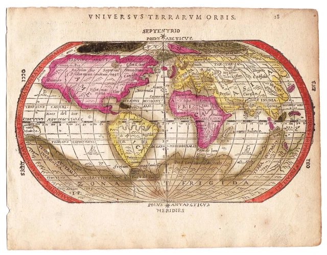 WORLD MAP WELTKARTE Mappemonde woodcut map Karte Heyns Ortelius 1598 ...
