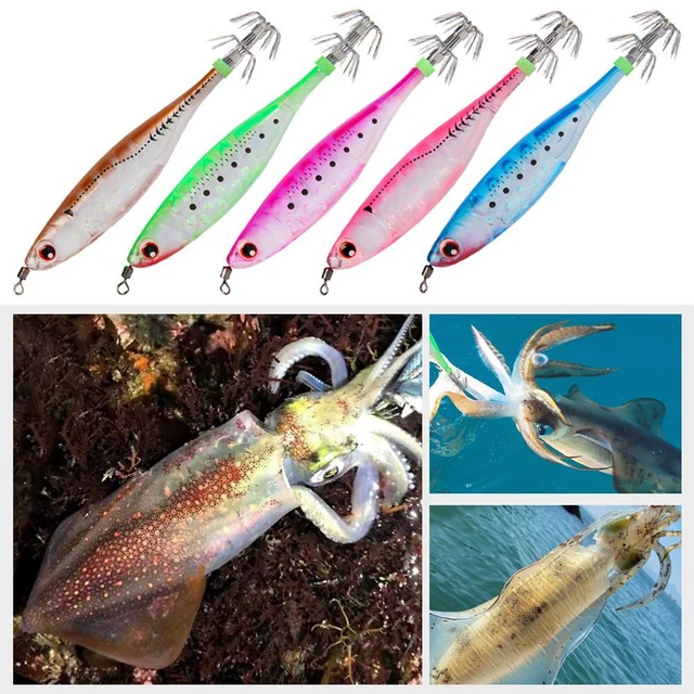 LUMINOUS JIGS OCTOPUS Bait weave Squid Hook Fishing Tackle Wood Shrimp Lures EUR 5,64 - PicClick FR