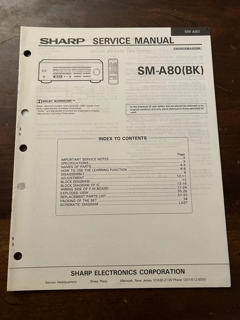 SHARP SM-A80 VERSTÄRKER Servicehandbuch Vintage Original-Zubehör ...